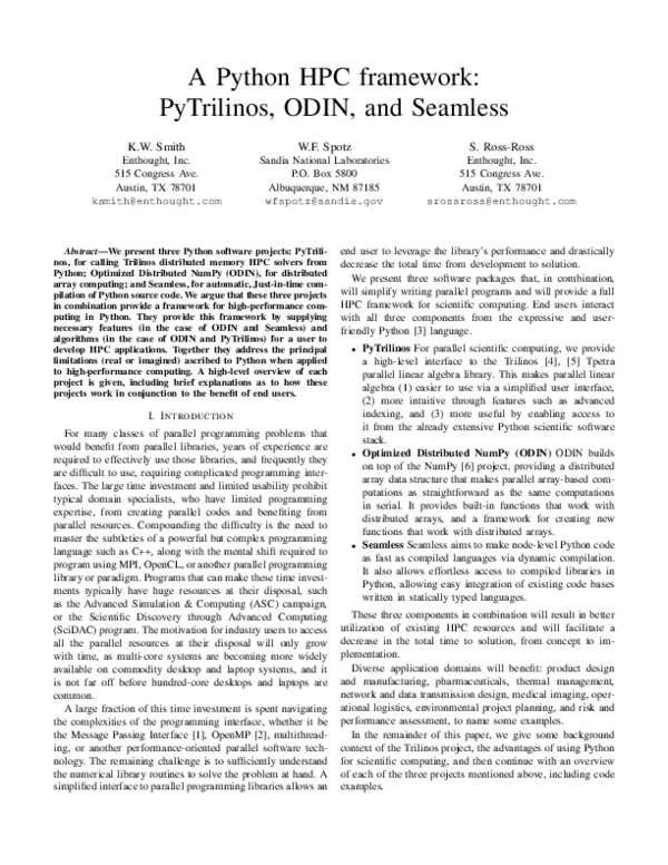 Pdf A Python Hpc Framework Pytrilinos Odin And Seamless S Ross