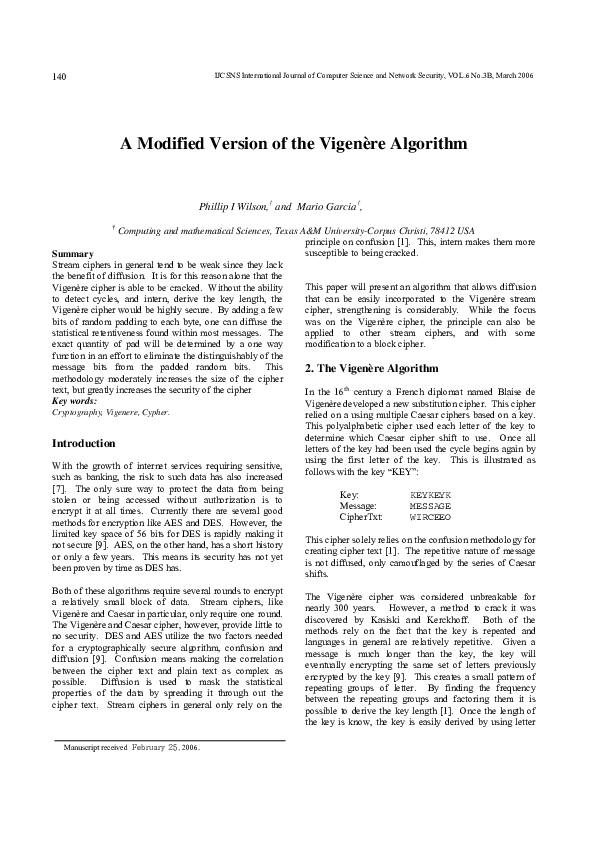 (PDF) A Modified Version of the Vigenère Algorithm