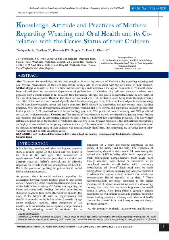 (PDF) Knowledge, Attitude and Practices of Mothers Regarding Weaning and Oral Health and its Co ...