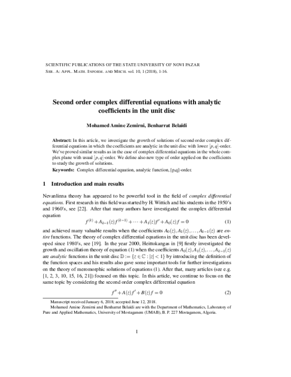 (PDF) Second order complex differential equations with analytic ...
