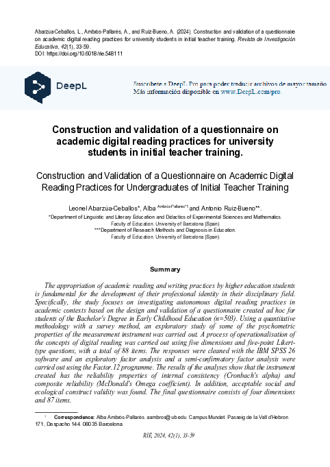 (PDF) Construction and validation of a questionnaire on academic digital reading practices for ...