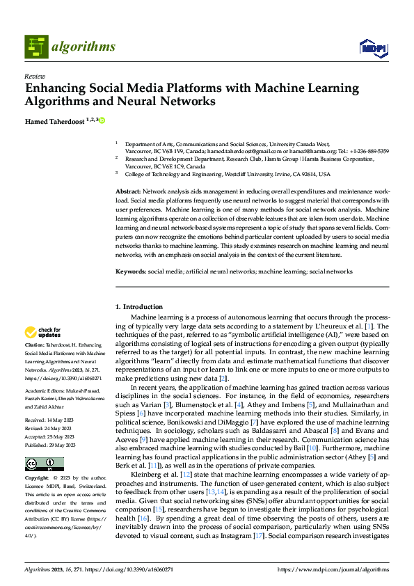 (PDF) Enhancing Social Media Platforms with Machine Learning Algorithms and Neural Networks