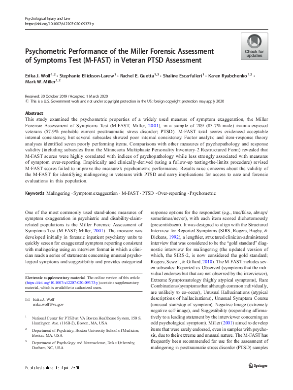 (PDF) Psychometric Performance of the Miller Forensic Assessment of ...