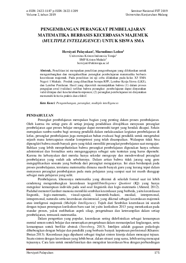 (PDF) Pengembangan Perangkat Pembelajaran Matematika Berbasis Kecerdasan Majemuk (Multiple ...