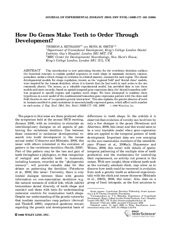 (PDF) How do genes make teeth to order through development?