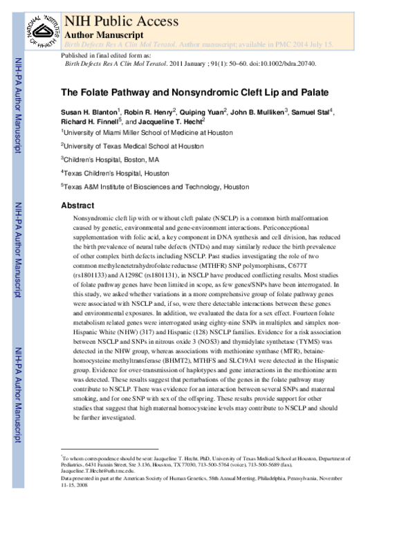 (PDF) Folate pathway and nonsyndromic cleft lip and palate | Susan Blanton - Academia.edu