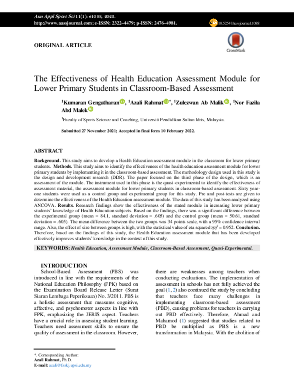 (PDF) The Effectiveness of Health Education Assessment Module for Lower ...
