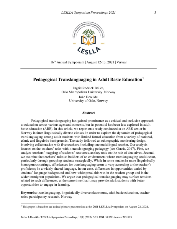 (PDF) Pedagogical Translanguaging in Adult Basic Education
