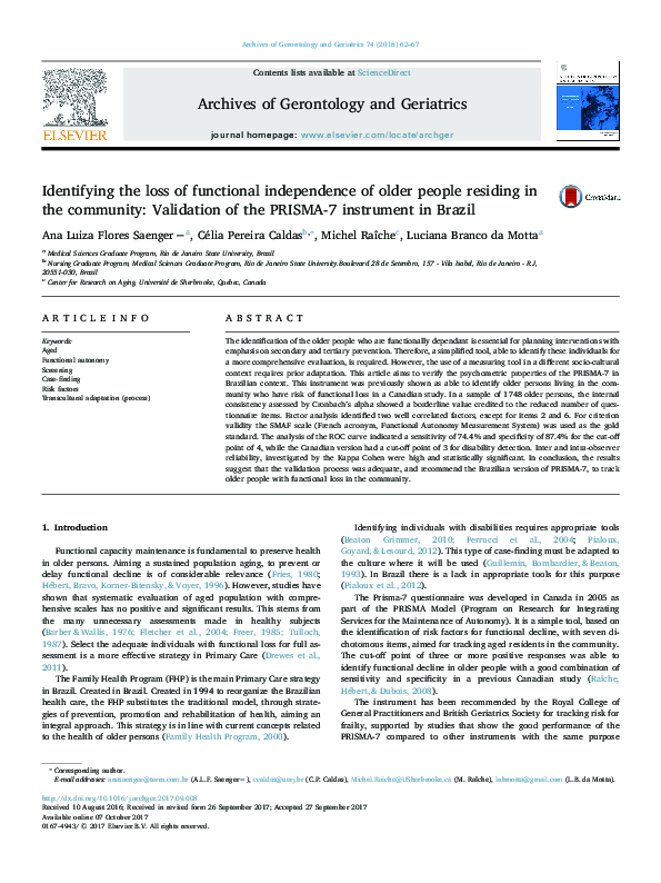 (PDF) Identifying the loss of functional independence of older people ...