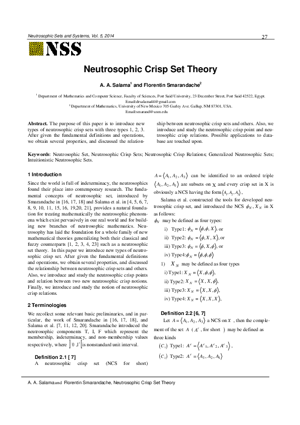 (PDF) Neutrosophic Crisp Set Theory