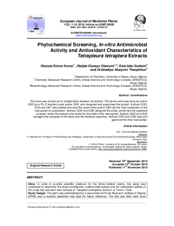 (PDF) Phytochemical Screening, In-vitro Antimicrobial Activity and Antioxidant Characteristics ...