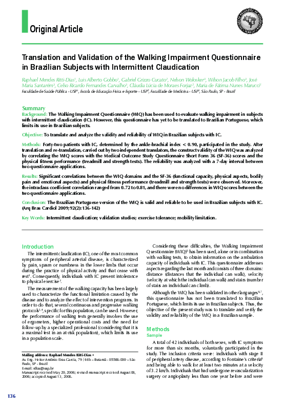 (PDF) Tradução e validação do Walking Impairment Questionnaire em ...