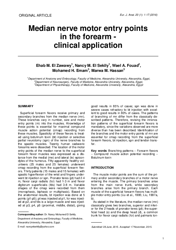 (PDF) Median nerve motor entry points in the forearm - clinical application