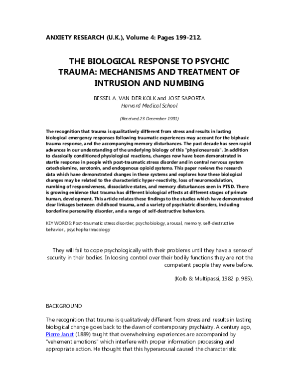 (PDF) The biological response to psychic trauma: Mechanisms and ...