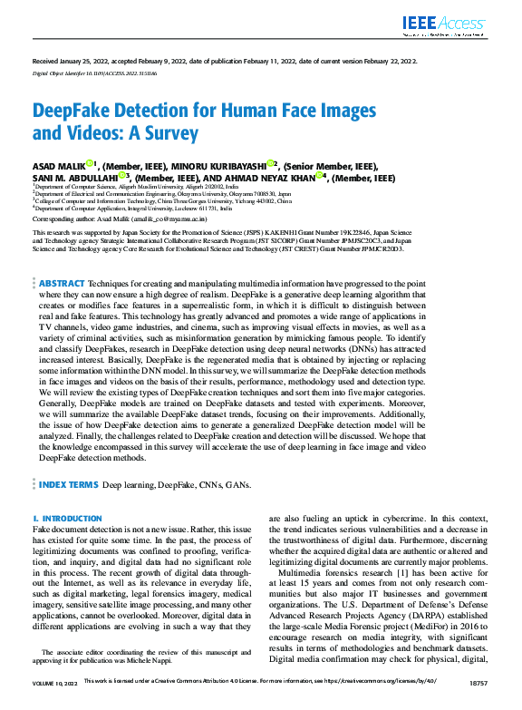 (PDF) DeepFake Detection for Human Face Images and Videos: A Survey