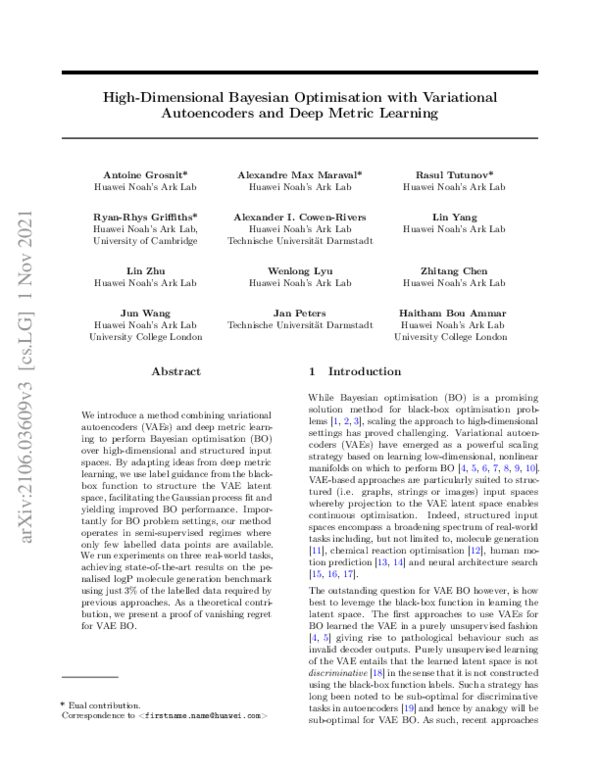 Pdf High Dimensional Bayesian Optimisation With Variational Autoencoders And Deep Metric