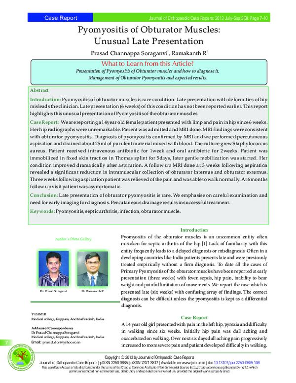 (PDF) Pyomyositis of Obturator Muscles: Unusual Late Presentation