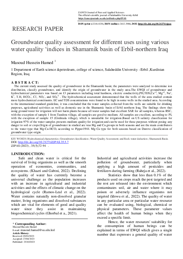 (PDF) Groundwater quality assessment for different uses using various ...