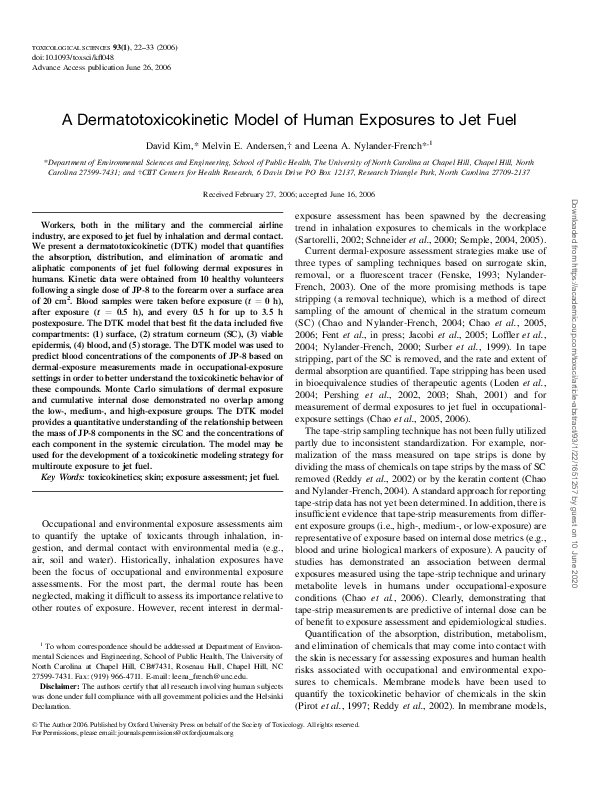 (PDF) A Dermatotoxicokinetic Model of Human Exposures to Jet Fuel