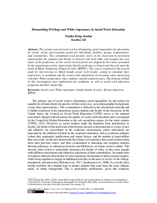 (PDF) Dismantling Privilege and White Supremacy in Social Work Education