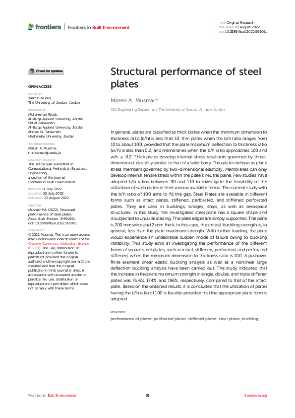 (PDF) Structural performance of steel plates