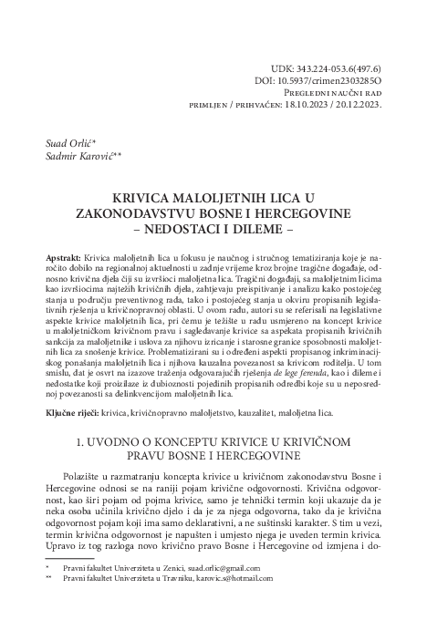 (PDF) KRIVICA MALOLJETNIH LICA U ZAKONODAVSTVU BOSNE I HERCEGOVINE -NEDOSTACI I DILEME