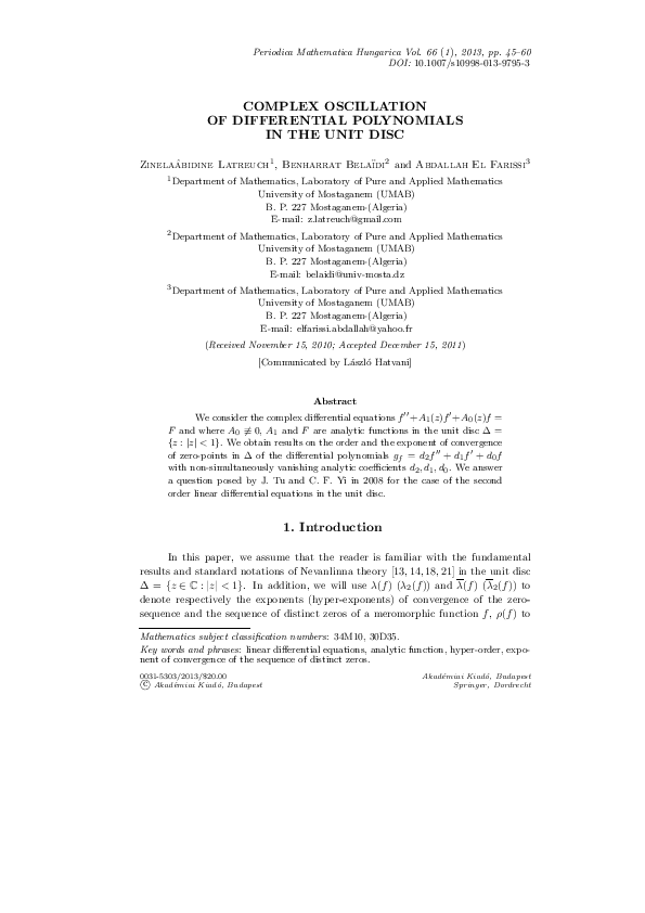 (PDF) Complex oscillation of differential polynomials in the unit disc