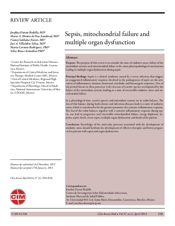 (PDF) Sepsis, mitochondrial failure and multiple organ dysfunction