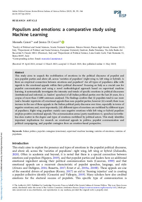 (PDF) Populism and emotions: a comparative study using Machine Learning