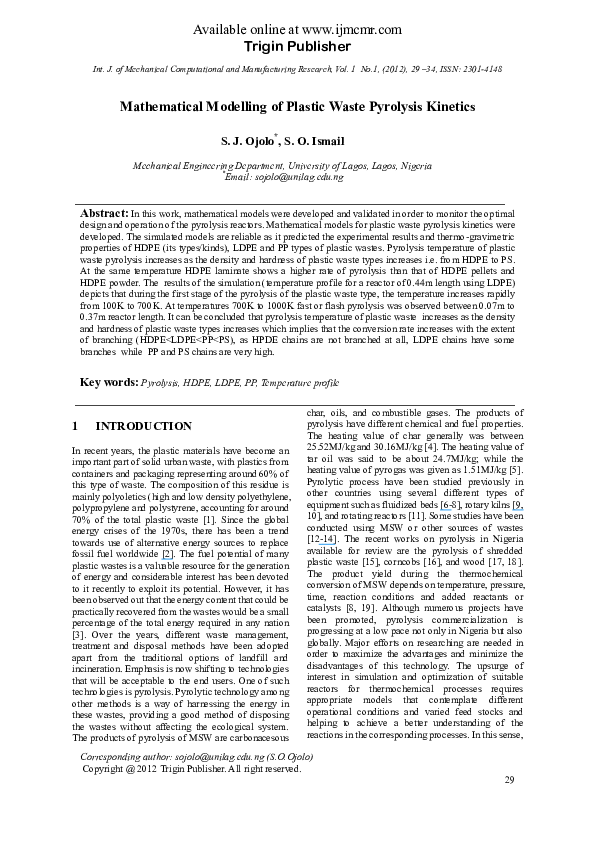 (PDF) Mathematical Modelling of Plastic Waste Pyrolysis Kinetics