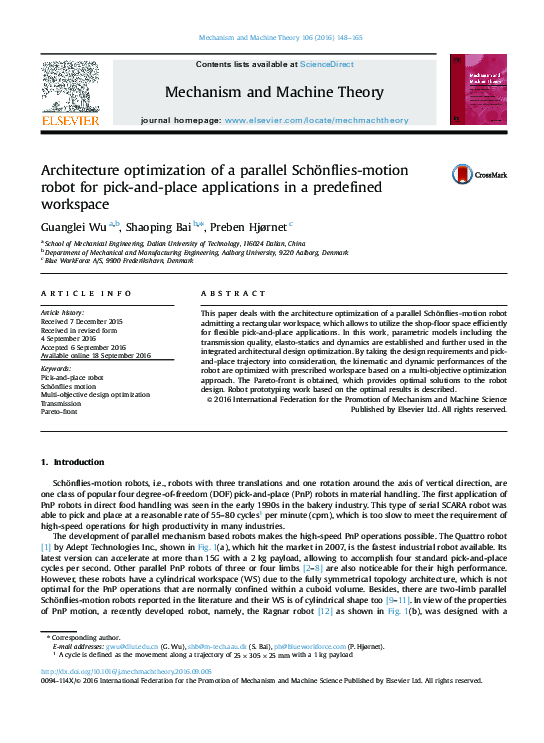 (PDF) Architecture optimization of a parallel Schönflies-motion robot for pick-and-place ...