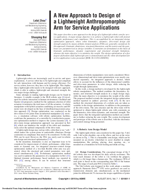 (PDF) A New Approach to Design of a Lightweight Anthropomorphic Arm for ...