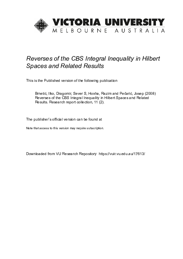 (PDF) Reverses of the CBS Integral Inequality in Hilbert Spaces and ...