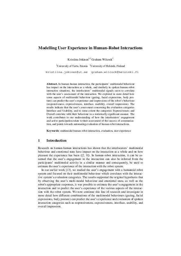 (PDF) Modelling User Experience in Human-Robot Interactions | Kristiina Jokinen - Academia.edu