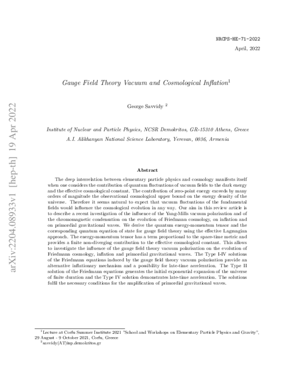 (PDF) Gauge Field Theory Vacuum and Cosmological Inflation