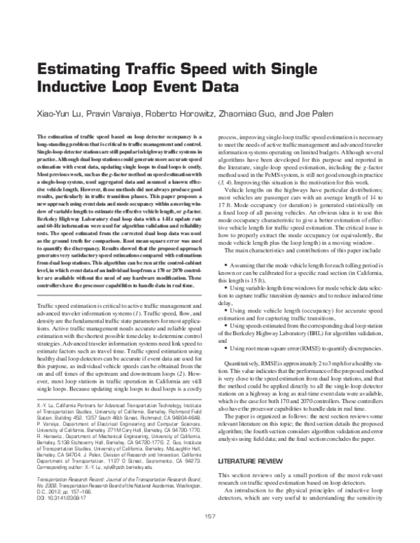 (PDF) Estimating Traffic Speed with Single Inductive Loop Event Data
