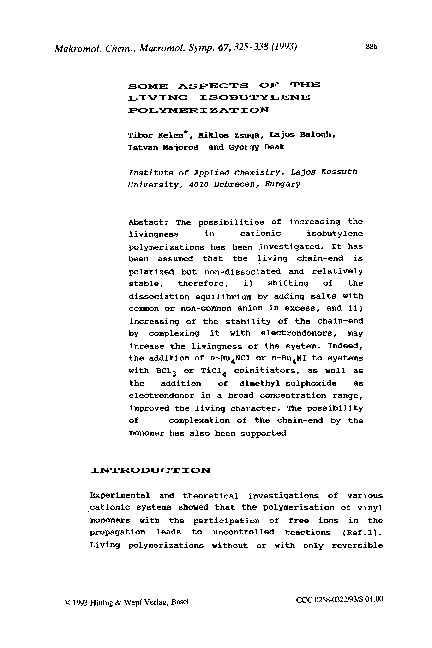 (PDF) Some aspects of the living isobutylene polymerization