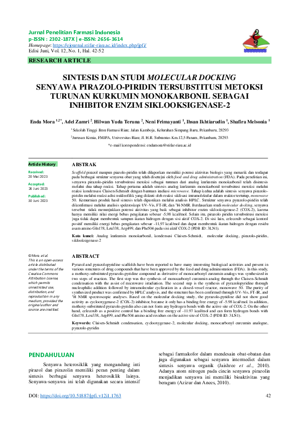 (PDF) Sintesis Dan Studi Molecular Docking Senyawa Pirazolo-Piridin ...