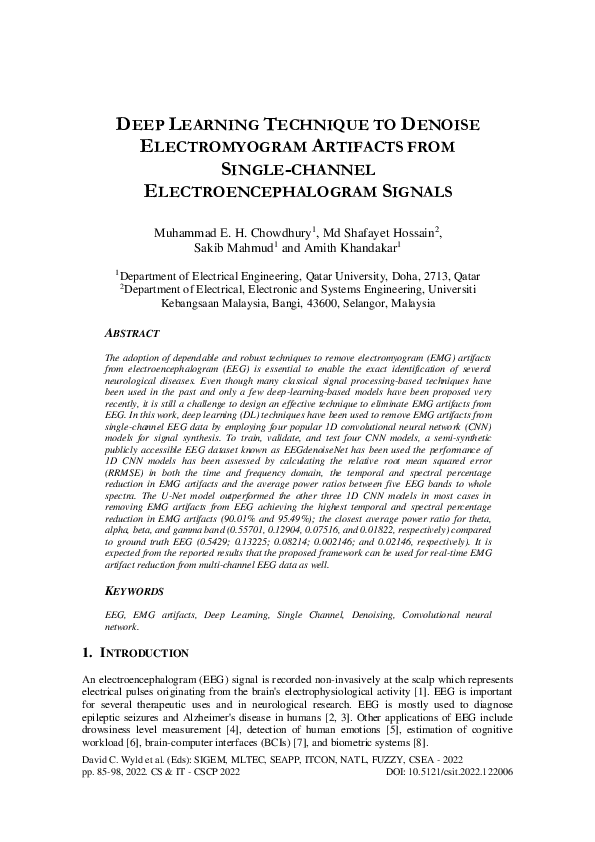(PDF) Deep Learning Technique to Denoise Electromyogram Artifacts from Single-Channel ...