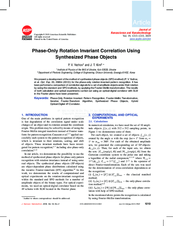Pdf Phase Only Rotation Invariant Correlation Using Synthesized Phase Objects Pavlo Iezhov