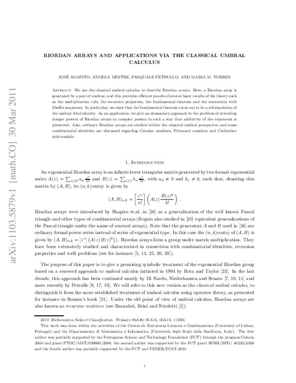 (PDF) Riordan arrays and applications via the classical umbral calculus