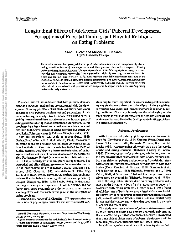 Pdf Longitudinal Effects Of Adolescent Girls Pubertal Development