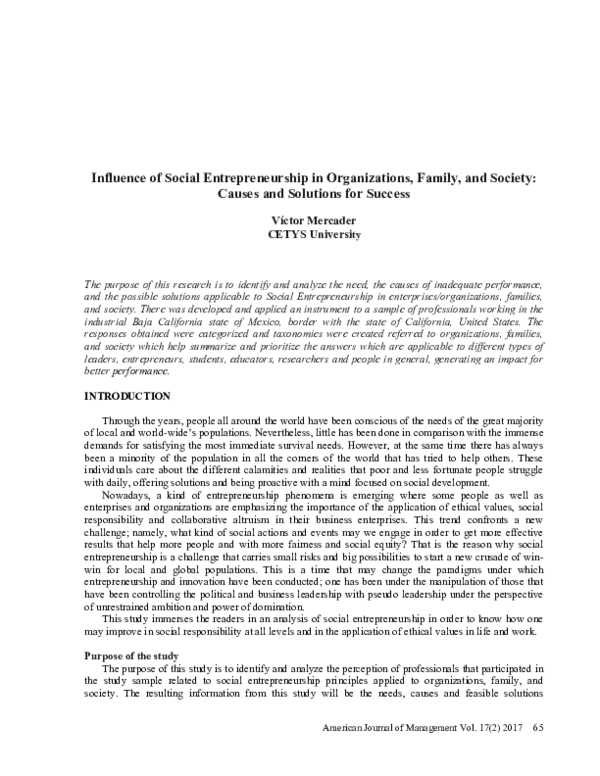 (PDF) Influence of Social Entrepreneurship in Organizations, Family ...