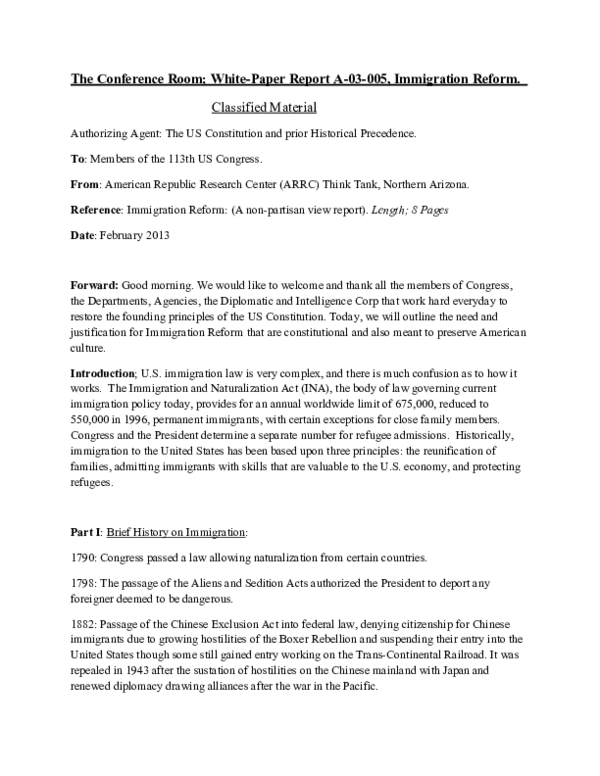 (DOC) The Conference Room; White-Paper Report A-03-005, Immigration Reform