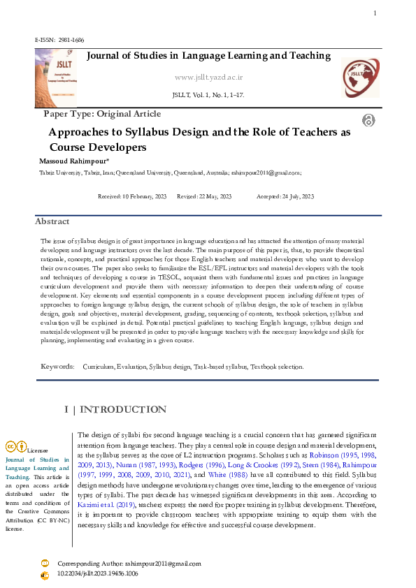(PDF) Approaches to Syllabus Design and the Role of Teachers as Course ...