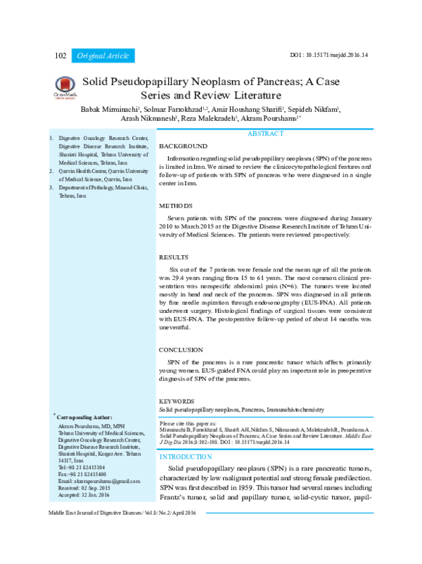 (PDF) Solid Pseudopapillary Neoplasm of Pancreas; A Case Series and ...