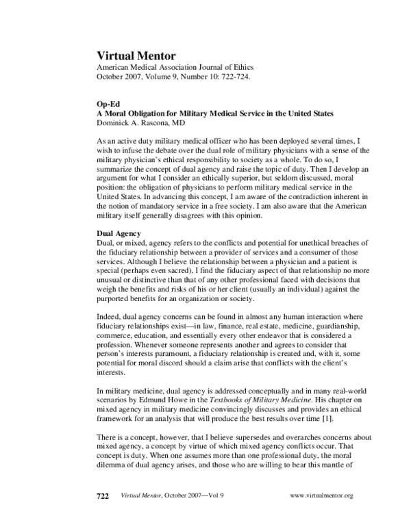 (PDF) A moral obligation for military medical service in the United ...