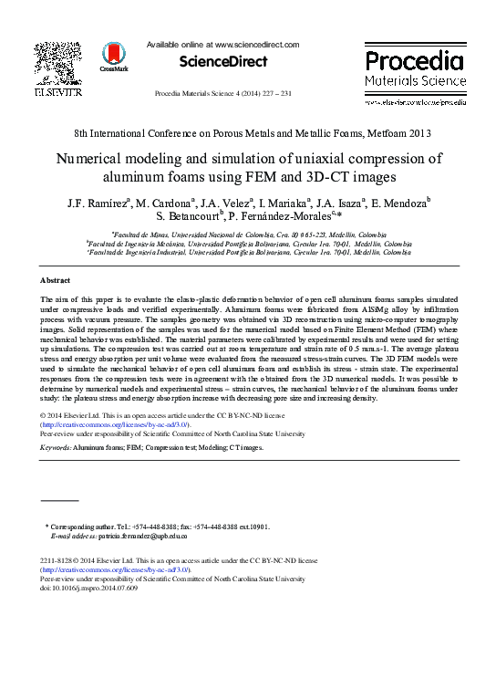 (PDF) Numerical Modeling and Simulation of Uniaxial Compression of Aluminum Foams Using FEM and ...