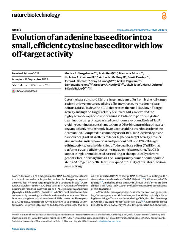 (PDF) Evolution of an adenine base editor into a small, efficient cytosine base editor with low ...