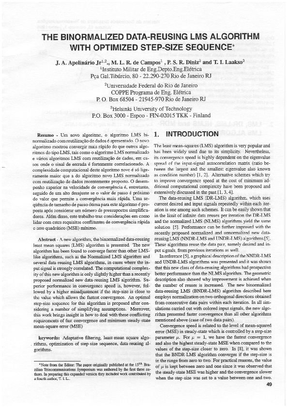 Pdf The Binormalized Data Reusing Lms Algorithm With Optimized Step